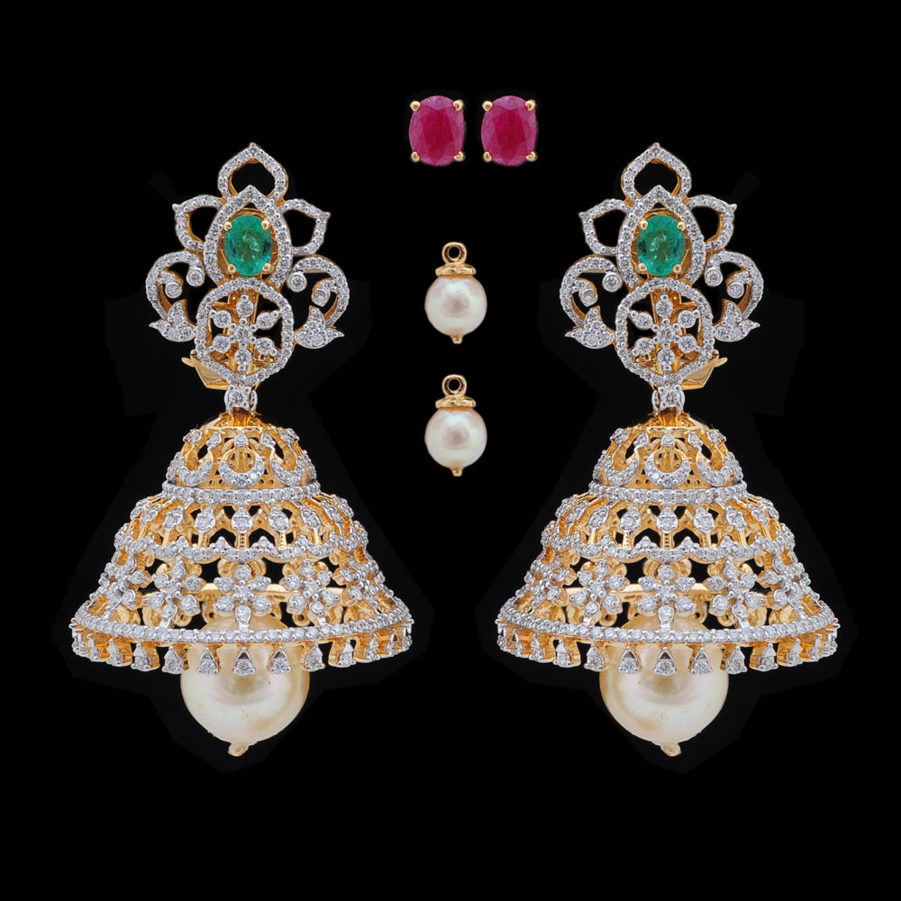 2 In 1 Diamond Jhumkas with changeable Natural Emeralds Rubies and Pearl Drops
